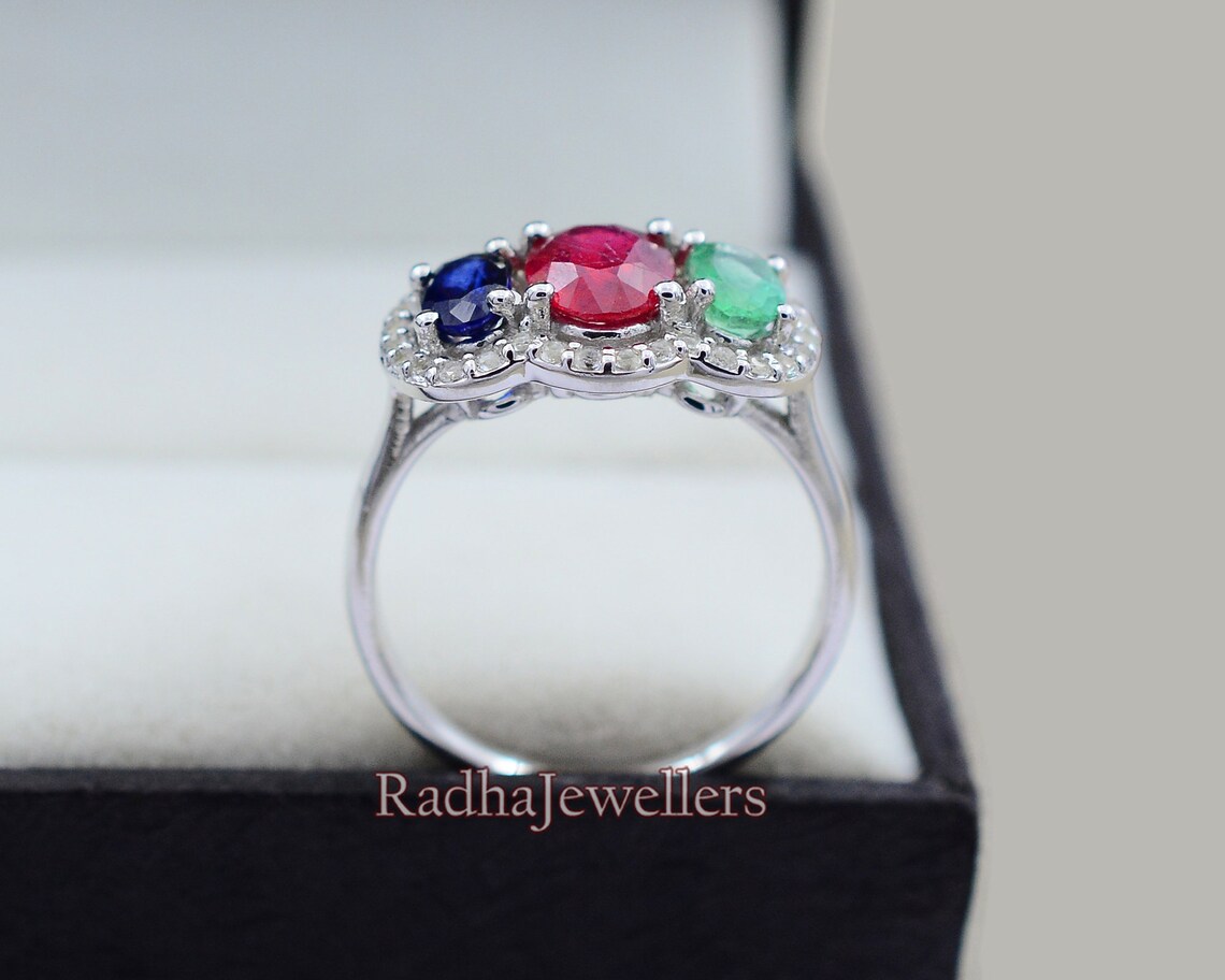 Natural Ruby Emerald Sapphire Mix Stone Ring, 925 Sterling Silver ...
