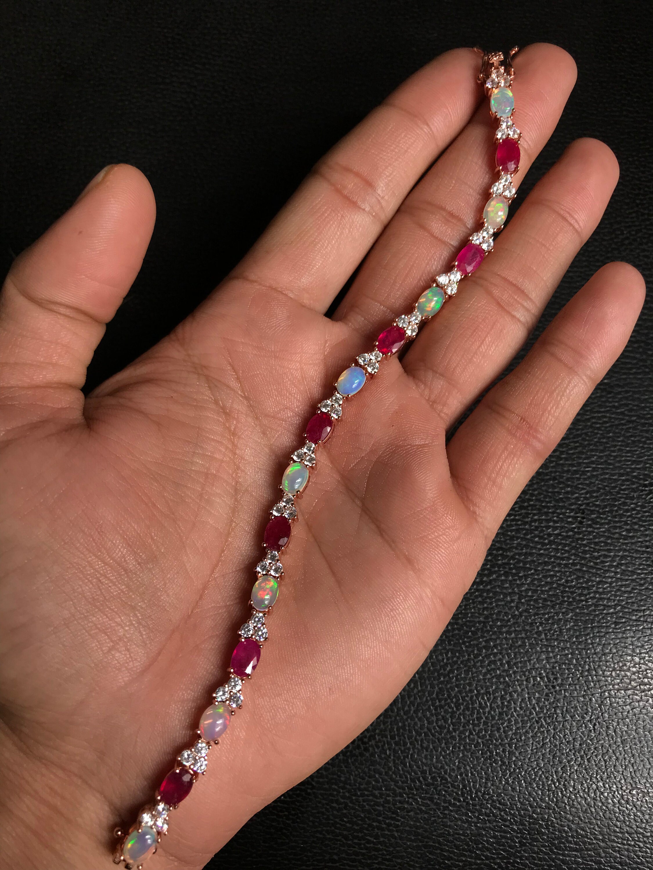 7x5 MM Oval Natural Opal & Ruby Bracelet, 925 Sterling Silver, Tennis ...