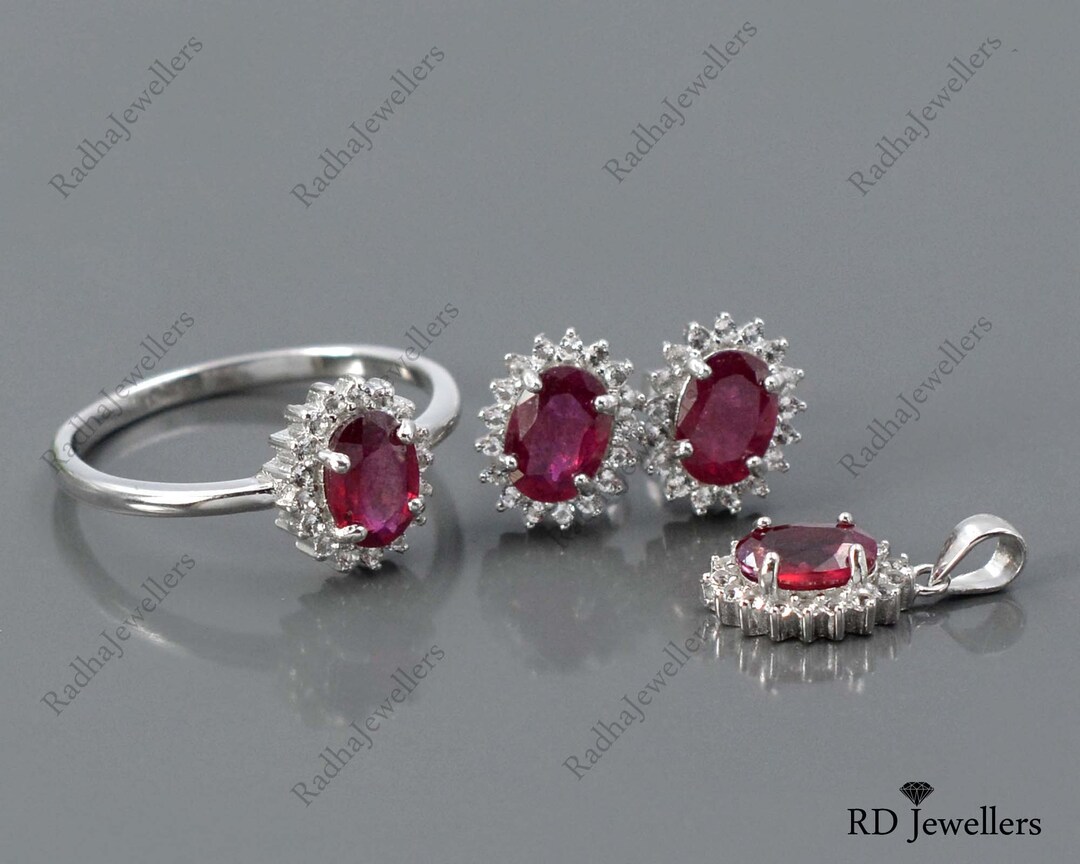 925 Sterling Silver\ Natural Ruby Jewelry Set\ Ruby Ring\ Ruby Earring ...