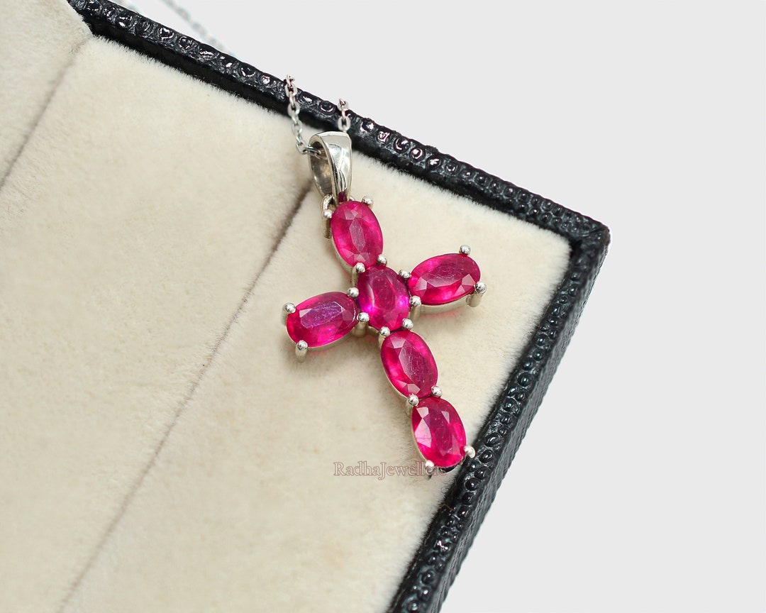 Natural Ruby Holy Cross Pendant Necklace, 925 Sterling Silver, July ...