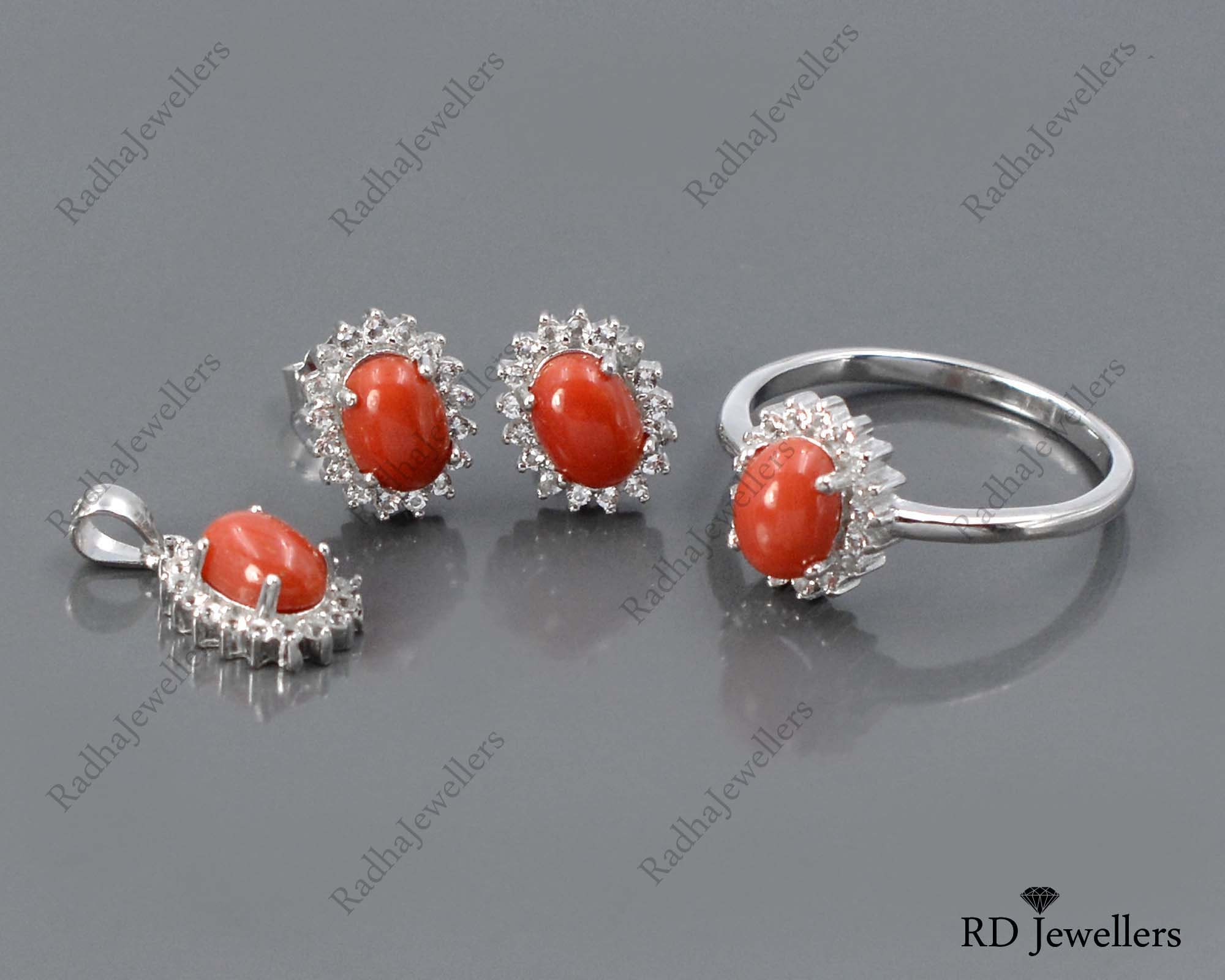 925 Sterling Silver\ Natural Coral Jewelry Set\ Solitaire Ring\ Coral ...