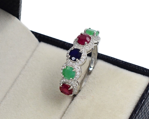 Natural Ruby Emerald Sapphire Mix Stone Ring 925 Sterling Silver Half Eternity Band Stacking Band Bridal Ring Women Ring Gift for Her