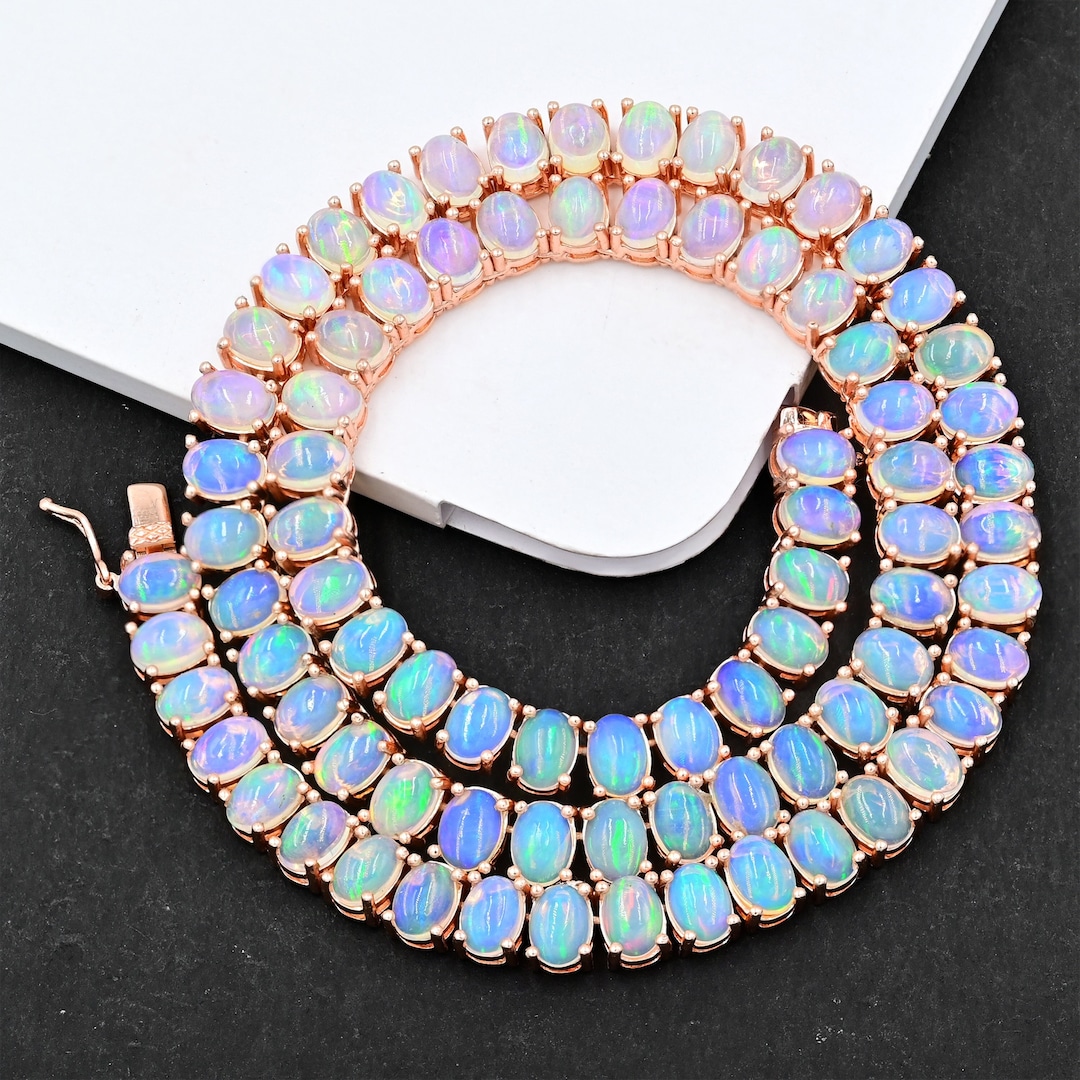 Opal Tennis Necklace, Natural Ethiopian Welo Opal Cabochon Necklace ...