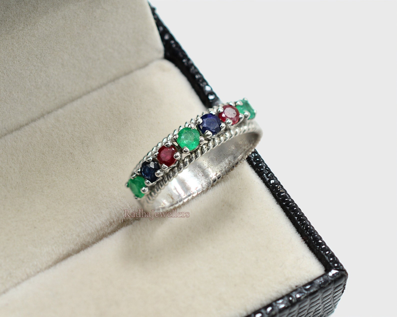 Natural Ruby Emerald Sapphire Mix Stone Ring, 925 Sterling Silver, Half ...