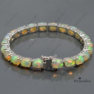 925 Sterling Silver, Natural Fire Opal Bracelet, Tennis Bracelet, Ethiopian Fire Opal, Gift for ...