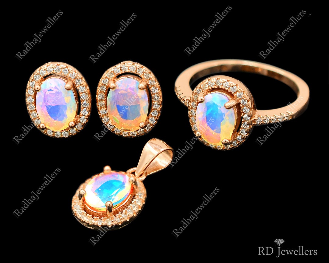 Natural Ethiopian Welo Fire Opal Cut Jewelry Set, 925 Sterling Silver ...