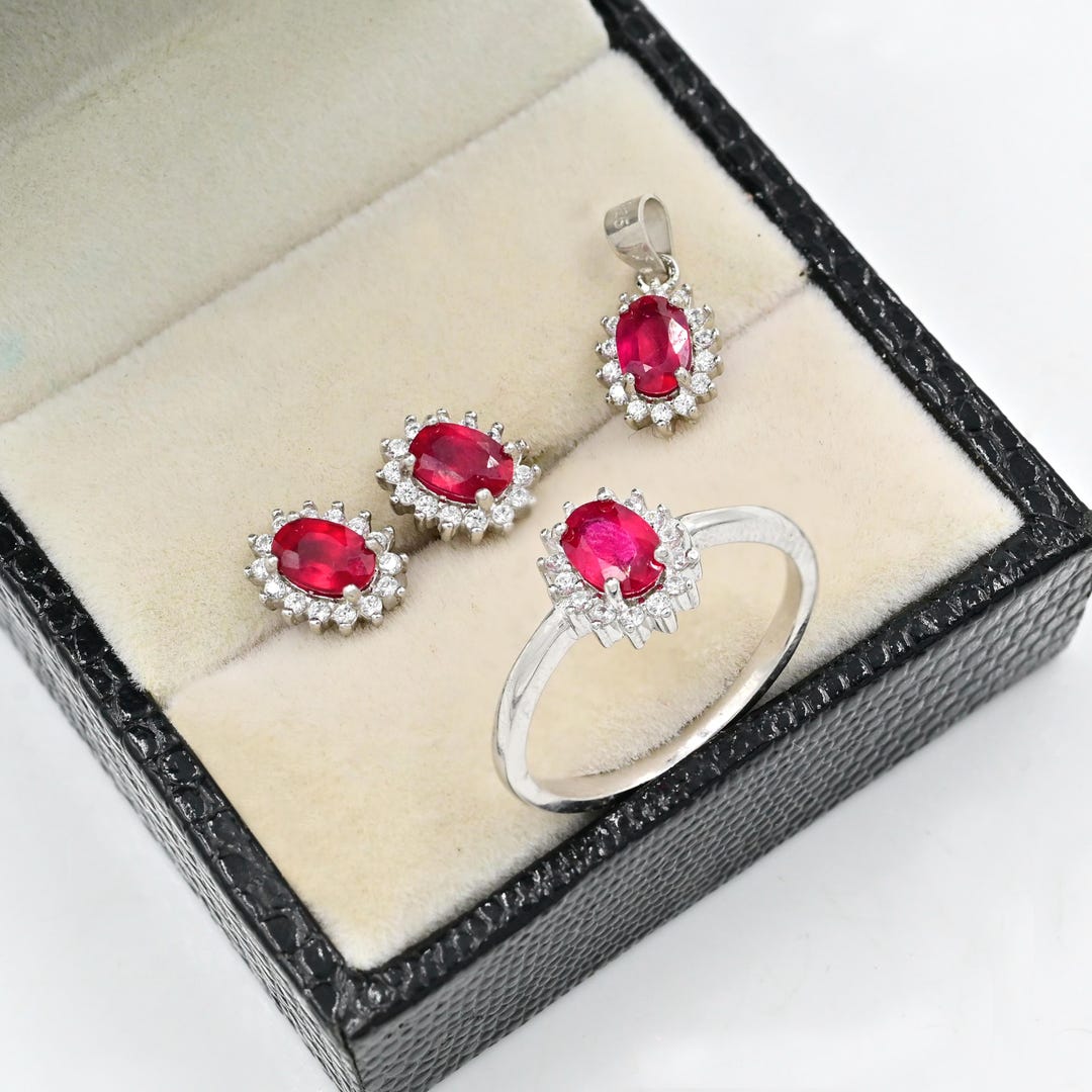 6x4 MM Oval Natural Ruby Cut Jewelry Set, 925 Sterling Silver ...