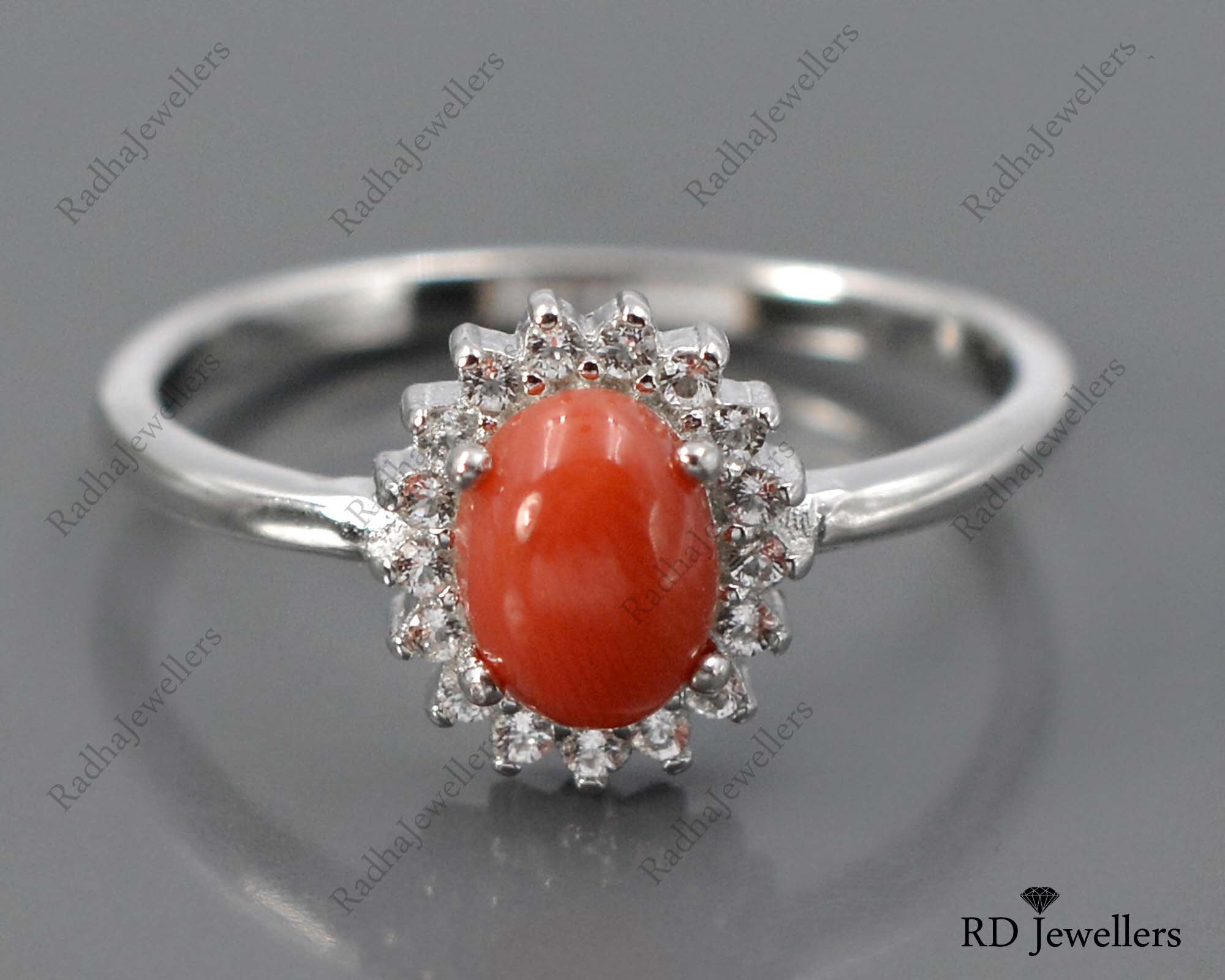 925 Sterling Silver\ Natural Coral Jewelry Set\ Solitaire Ring\ Coral ...