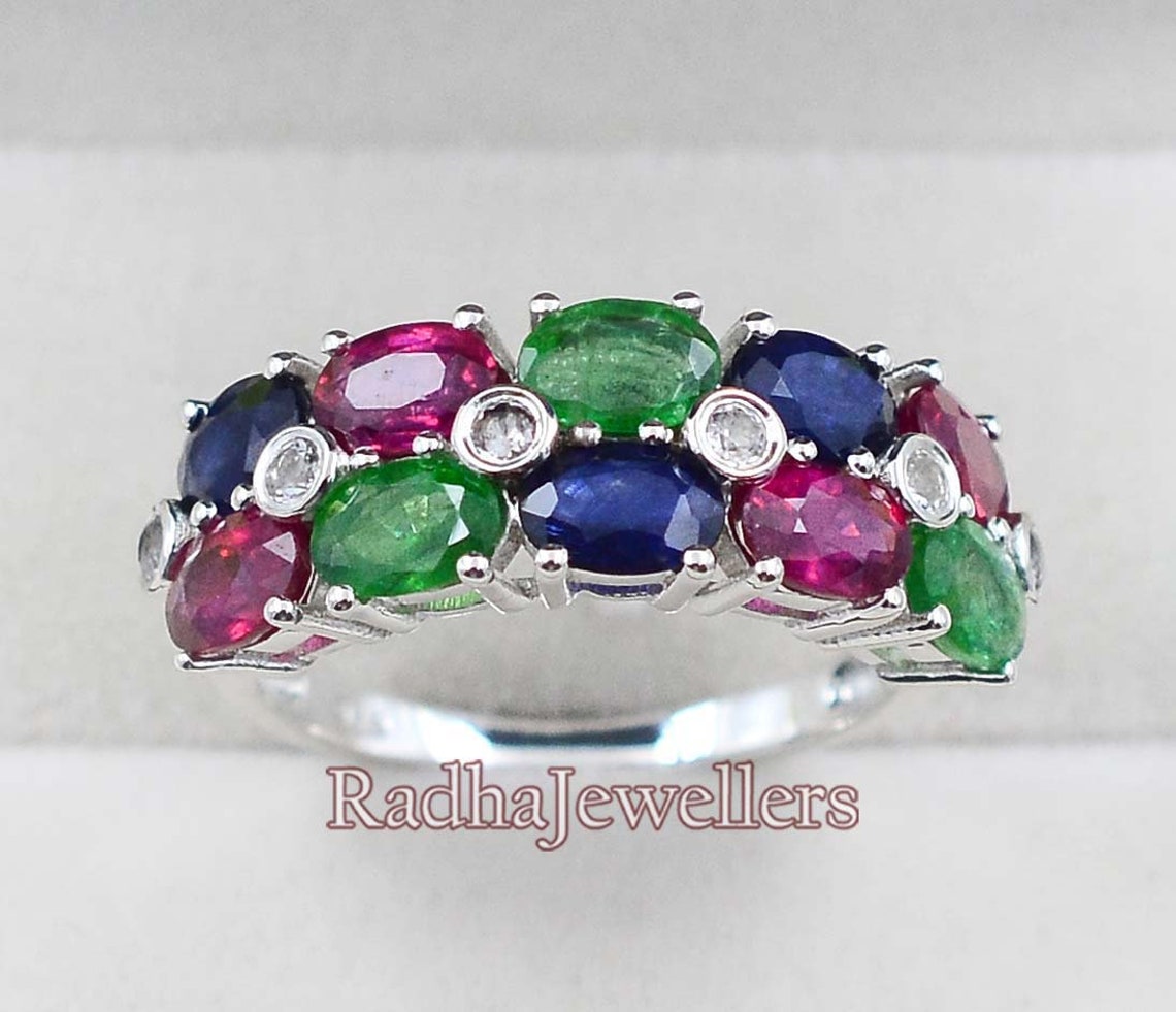 Natural Ruby Emerald Sapphire Mix Gemstone Ring 925 Sterling - Etsy