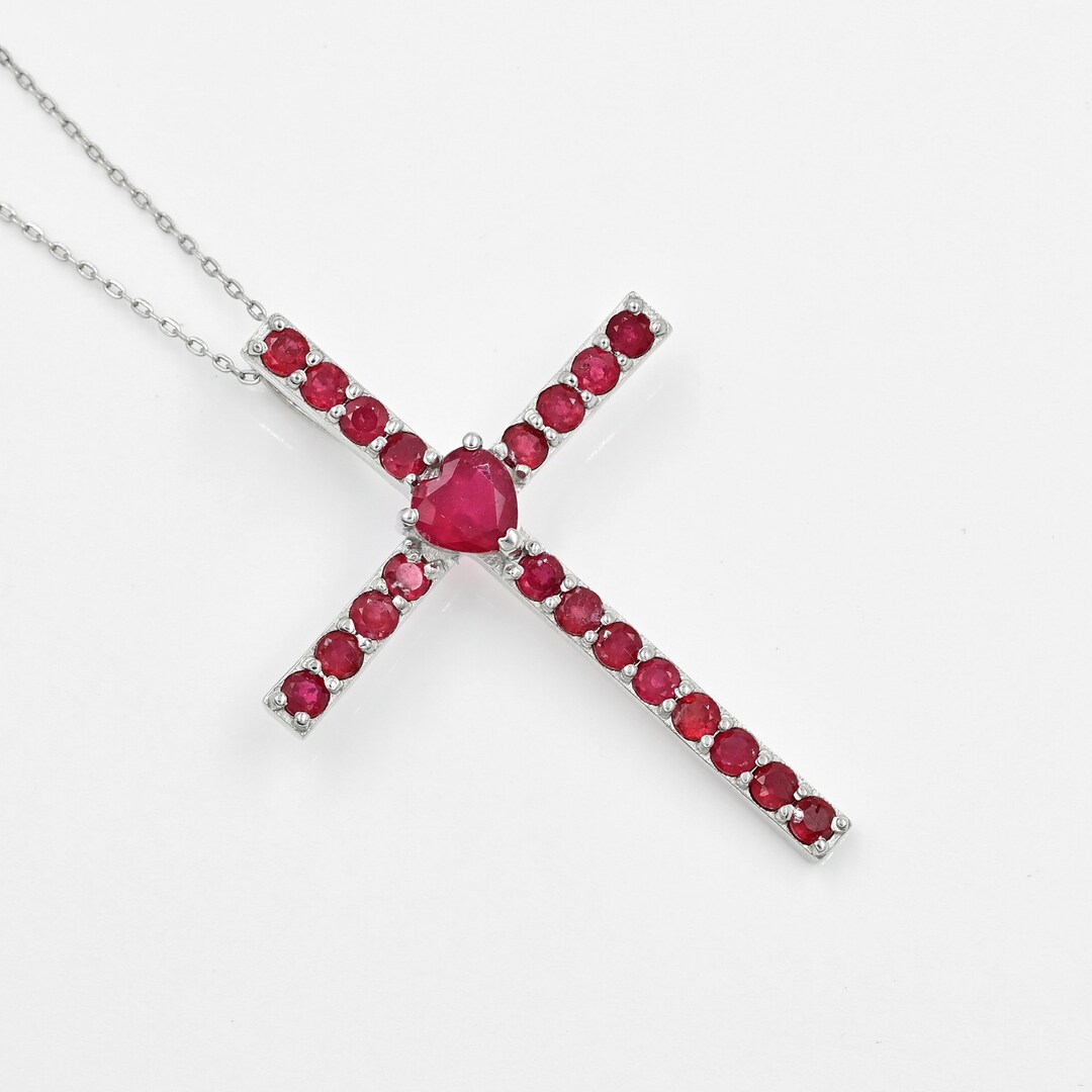 Natural Heart Shape Ruby Holy Cross Pendant Necklace, 925 Sterling ...