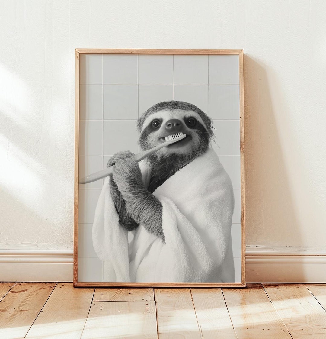 Sloth in Bathrobe With a Toothbrush, Sloth Wall Decor, Funny Bathroom ...
