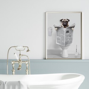 Pug on the Toilet, Restroom Dog Portrait, Funny Bathroom Wall Art ...