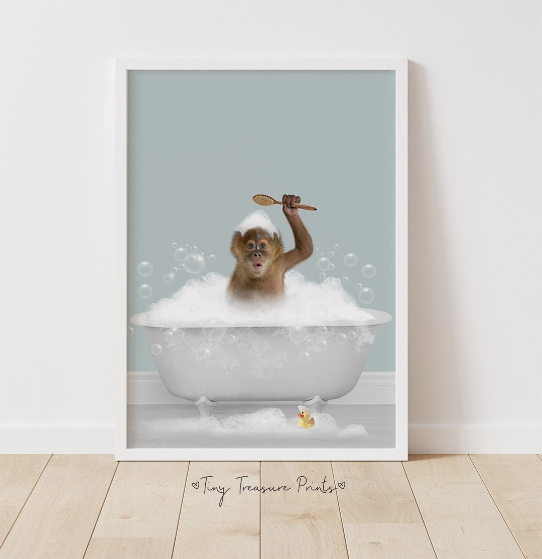 Monkey in a Bathtub Bathroom Poster, Monkey in Tub, Bathroom Print ...