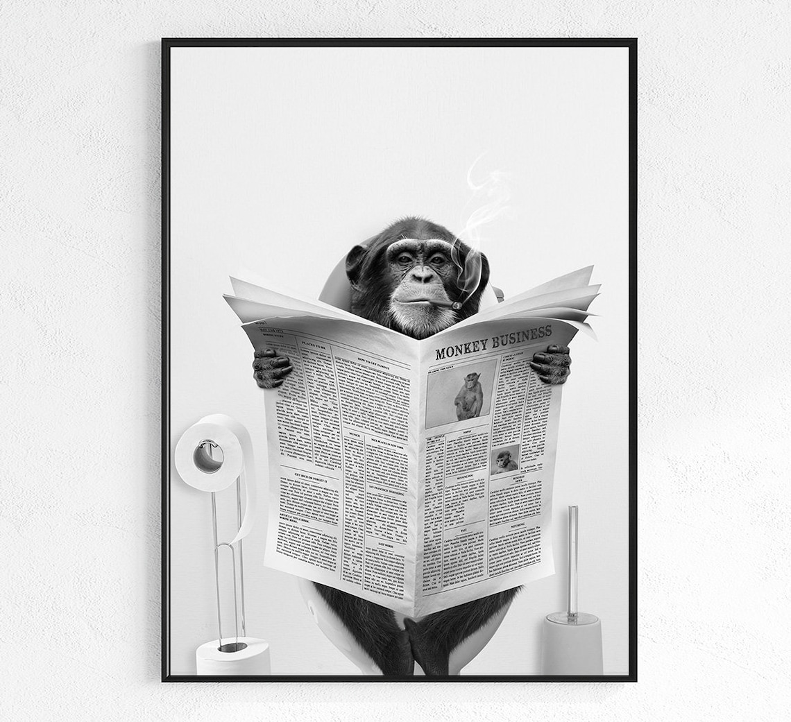 Monkey on Toilet Reading Newspaper Funny Bathroom Printable - Etsy