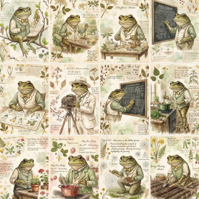 Cottagecore Frog Spring Junk Journal Pages, Vintage Watercolor ...