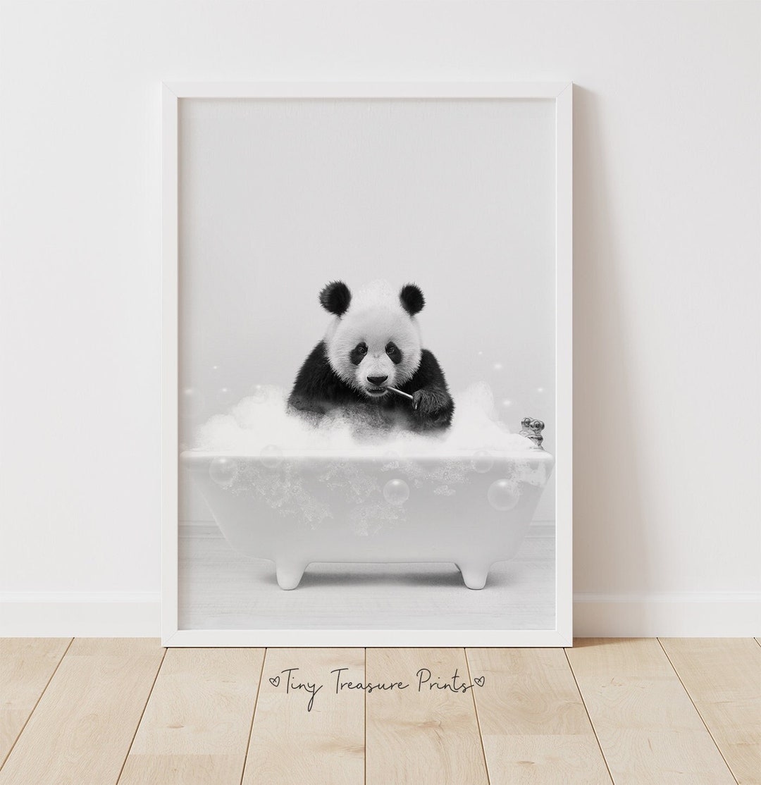 Black and White Panda in Bathtub Print, Panda Poster, Funny Bathroom ...