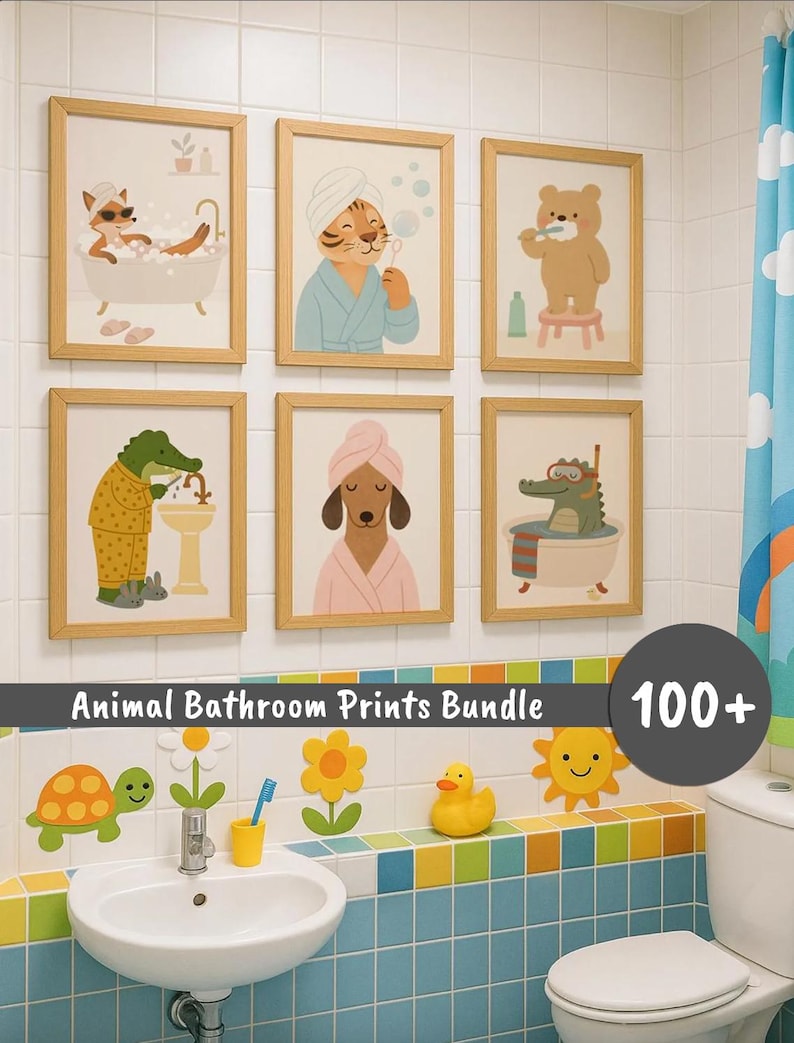 Animal Bathroom Prints Bundle | 100+ Minimalist Kids Wall Art | Funny ...