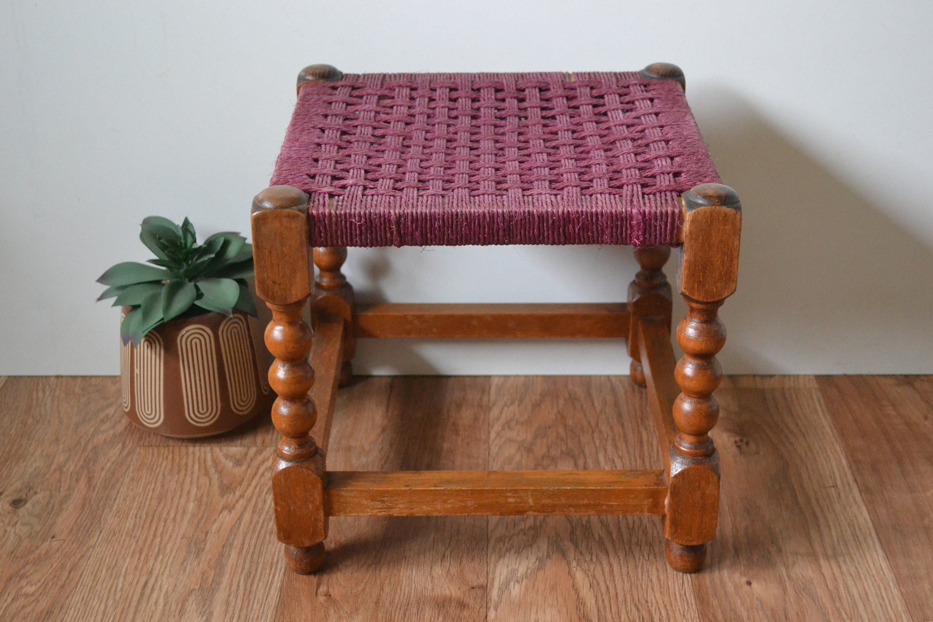 Vintage Burgundy String Woven Oak Foot Stool With Bobbin Turned Legs 12 ...
