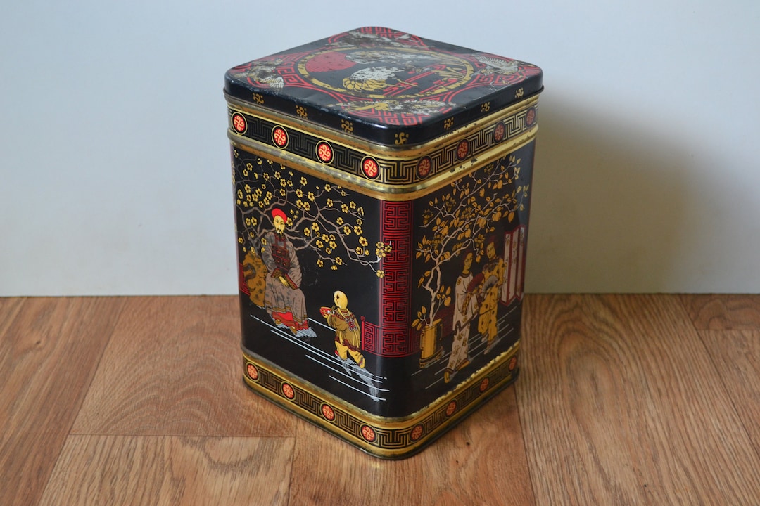Vintage Large Tea Caddy Tin With Oriental Design and Hinged Lid - Etsy