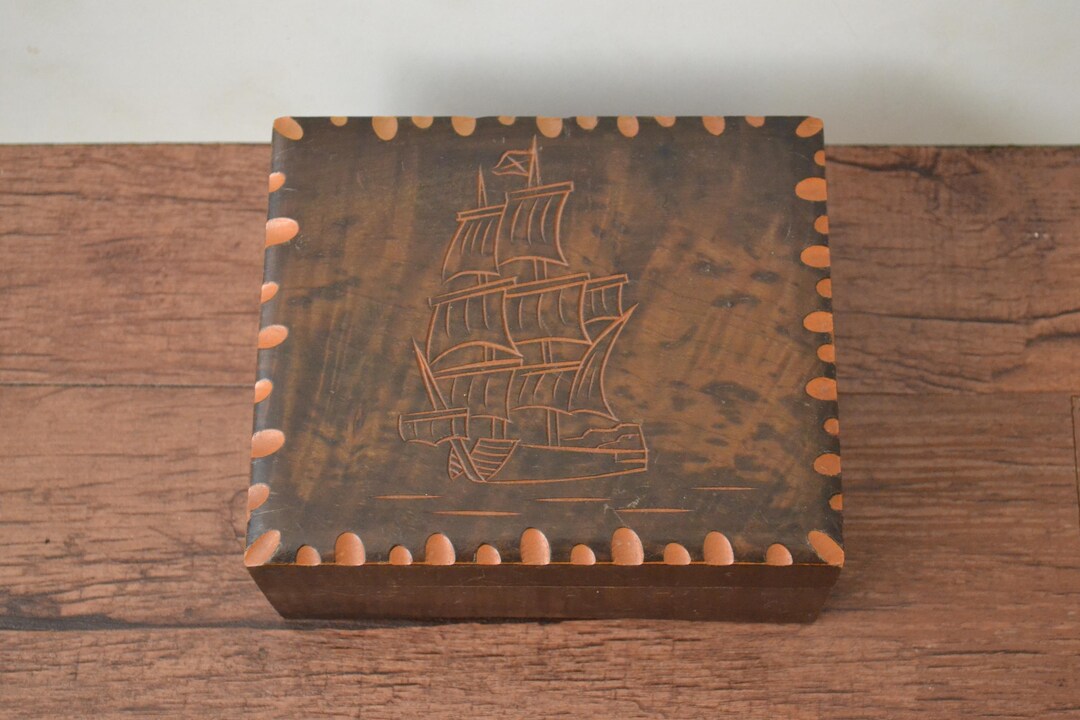 Vintage Carved Wood Music Box With Etched Ship Pattern - Jokiwa Japan ...