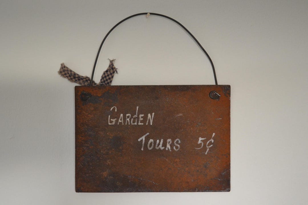 Vintage Small Rusty Metal Hanging Sign - Garden Tours 5c - Etsy