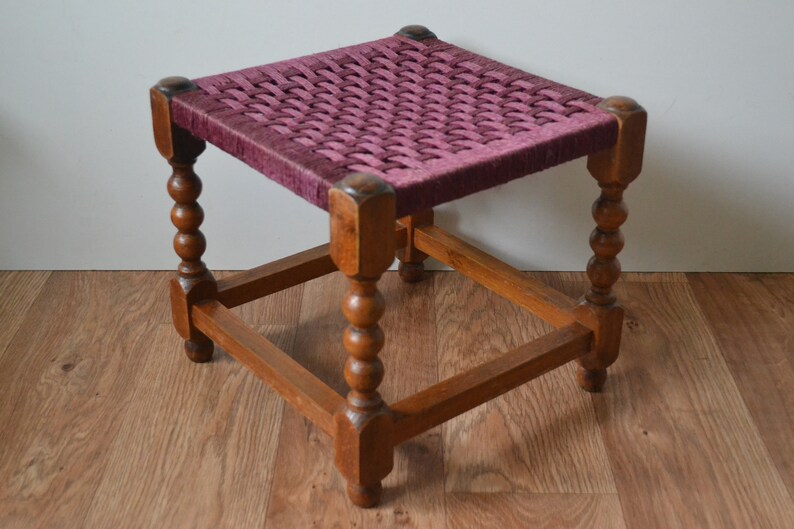 Vintage Burgundy String Woven Oak Foot Stool With Bobbin Turned Legs 12 ...