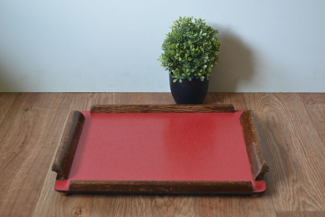 Vintage 1950's Red Serving Tray With Wooden Handles - H. J. Hatch ...