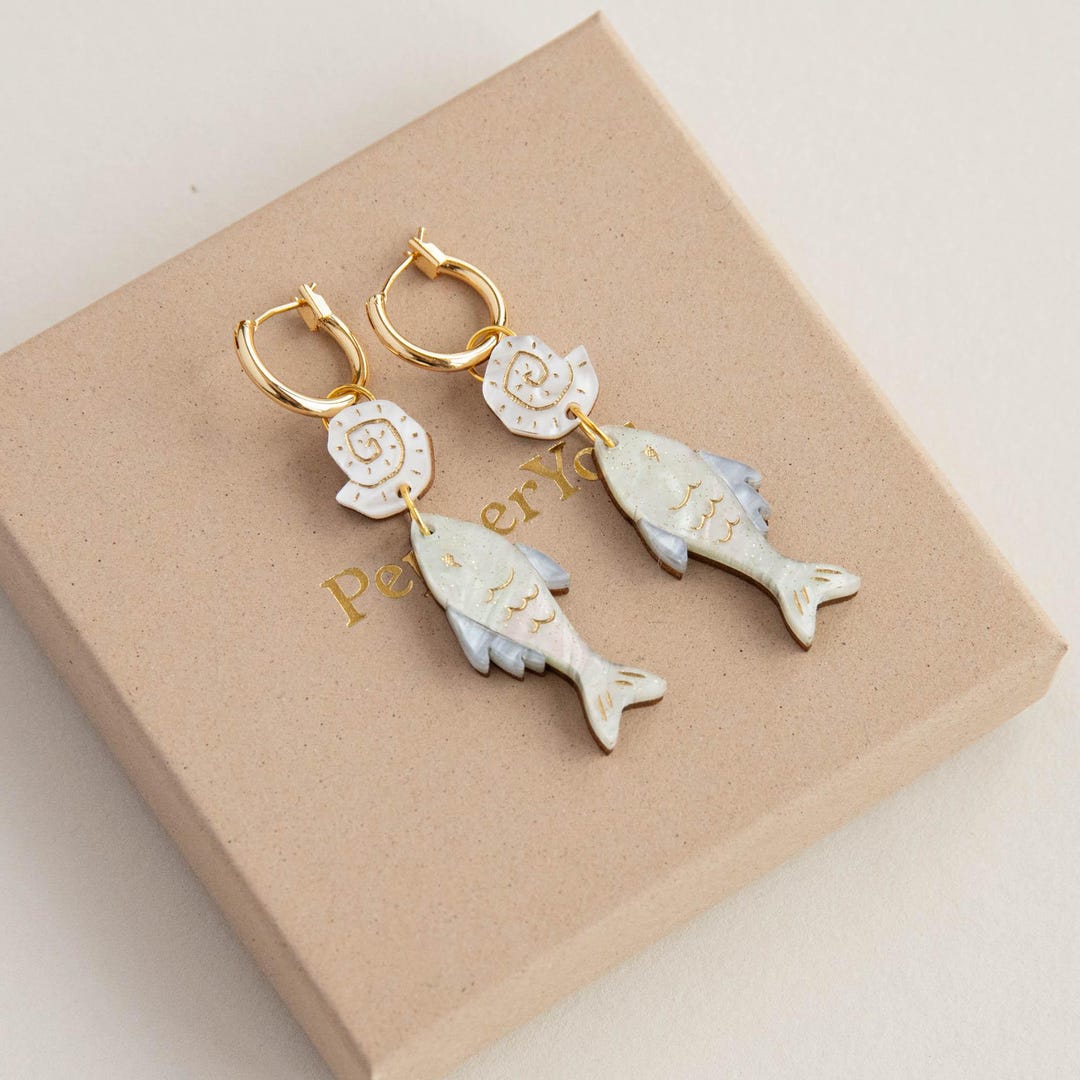 Ocean Fish & Shell Hoop Earrings in Pearly White, Apricot Marble, Mint ...