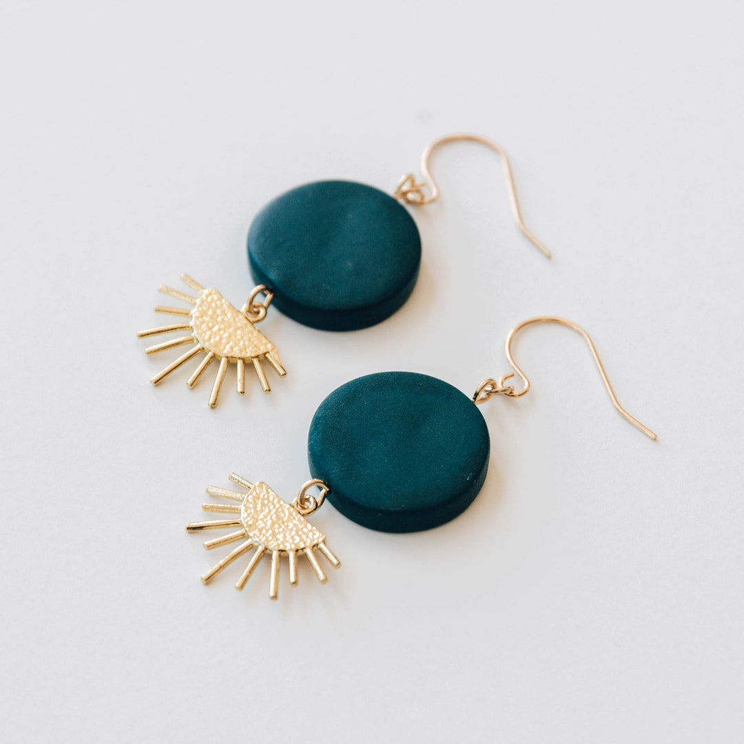 Teal Clay Drop Earrings: Brass Sunset Charm, Handmade Jewelry - Etsy