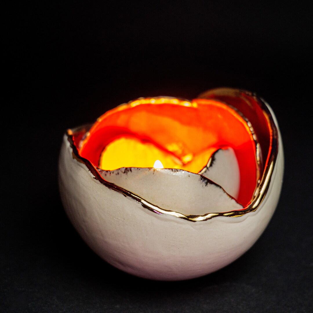Red & White Ceramic Candle Holder With Real Gold – Handmade Kintsugi ...