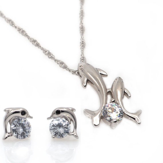 Platinum Plated Crystal Dolphin Necklace and Earrings Set in Gift Box Etsy