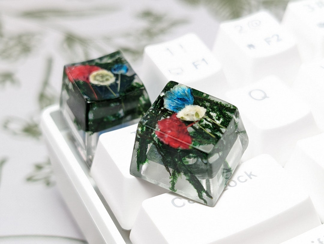 USA Flower Artisan Keycap, Real Moss and Flower Keycap, Red White and ...