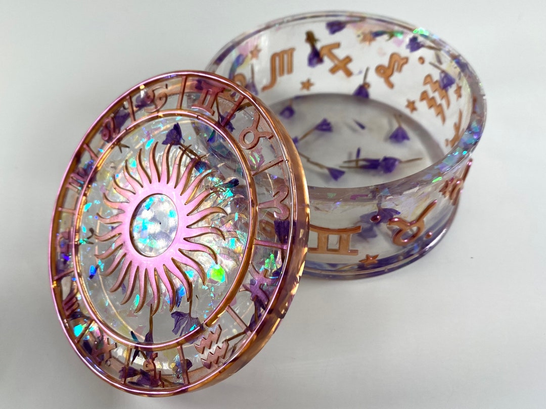 Holographic Resin Jewelry Box: Astrology Emblems & Purple Flowers - Etsy
