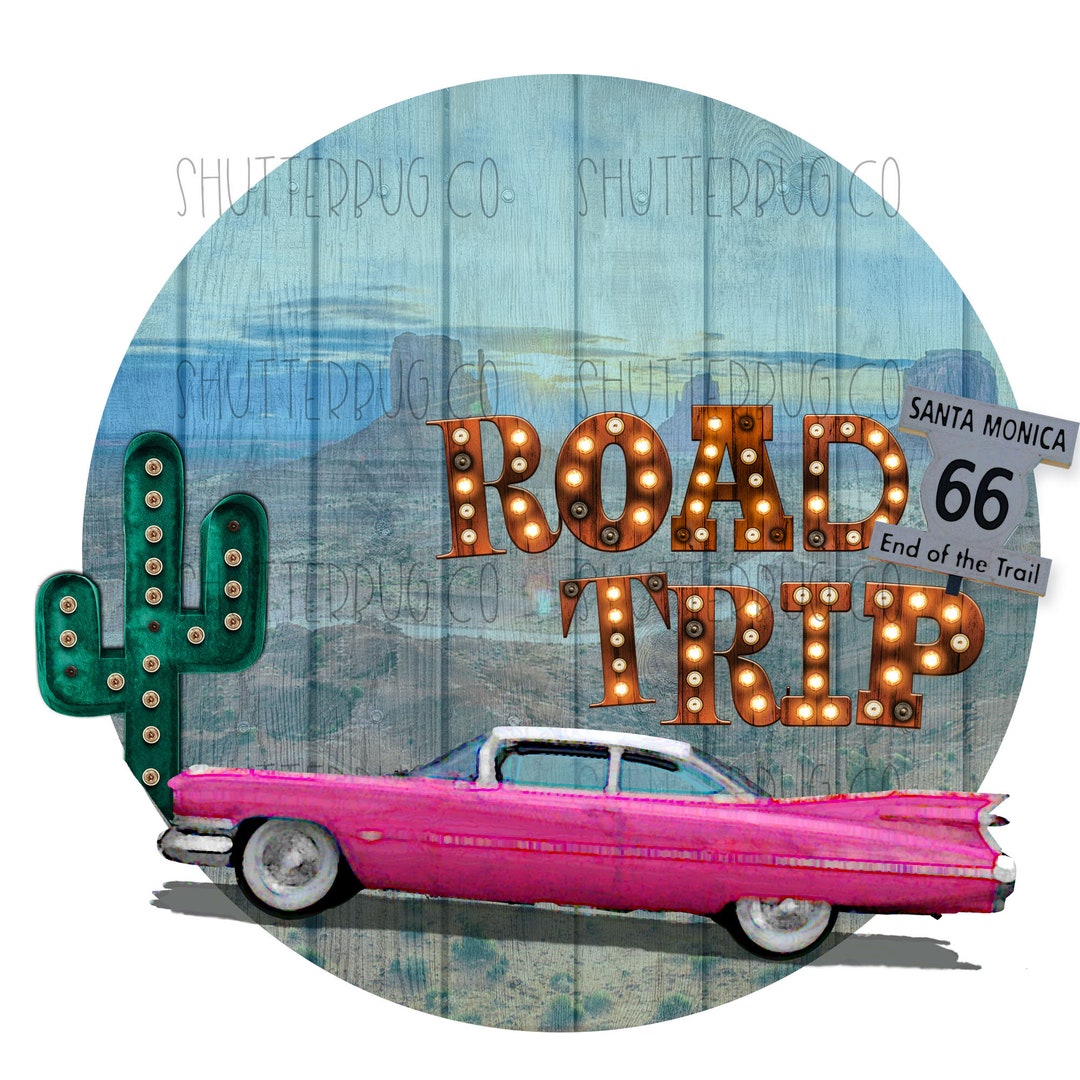 Road Trip Digital Art - Marquee Letters, Wood Background, Pink Cadillac ...