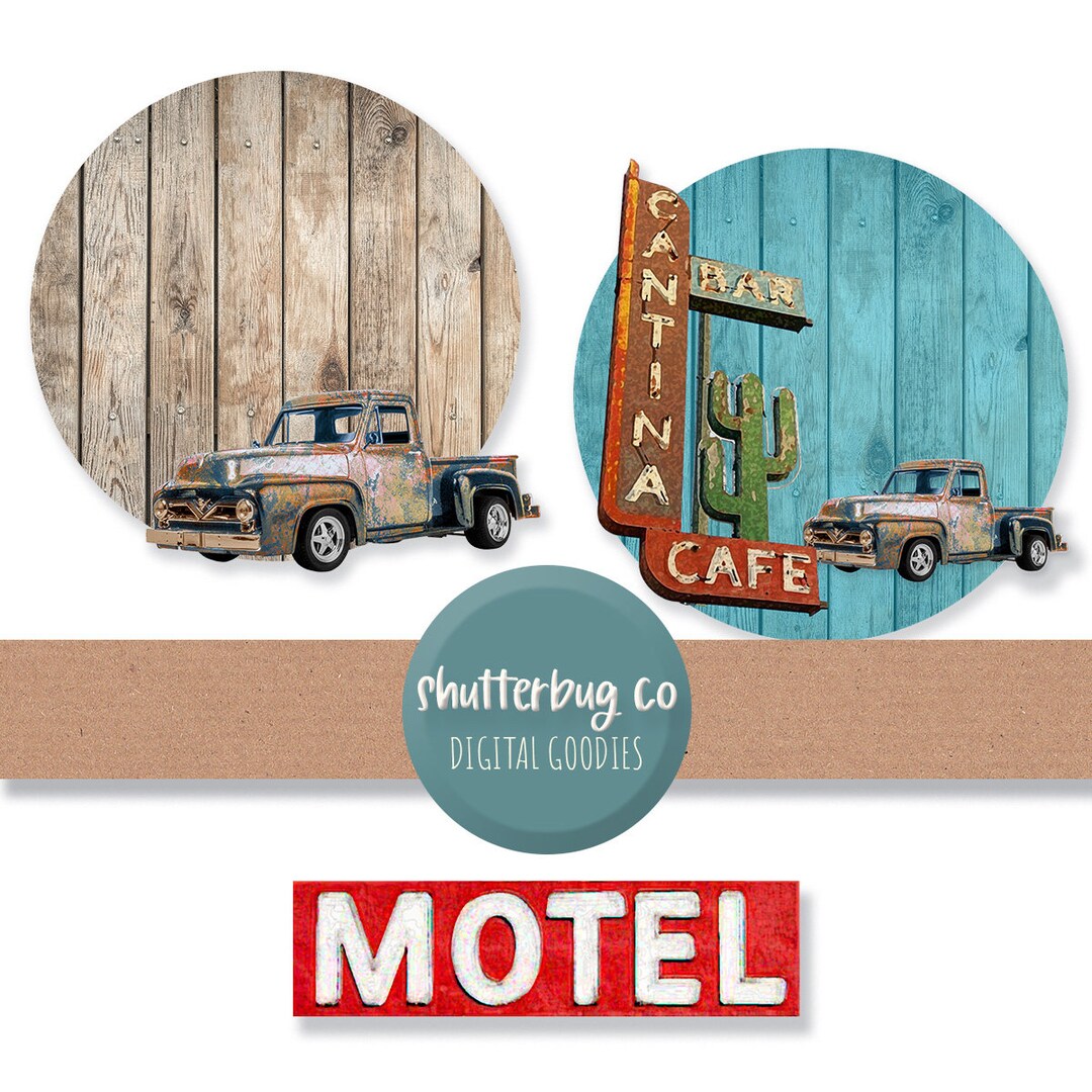 Road Trip, Vintage Digital Art - Retro Road Sign, Vintage Rusty Pickup ...