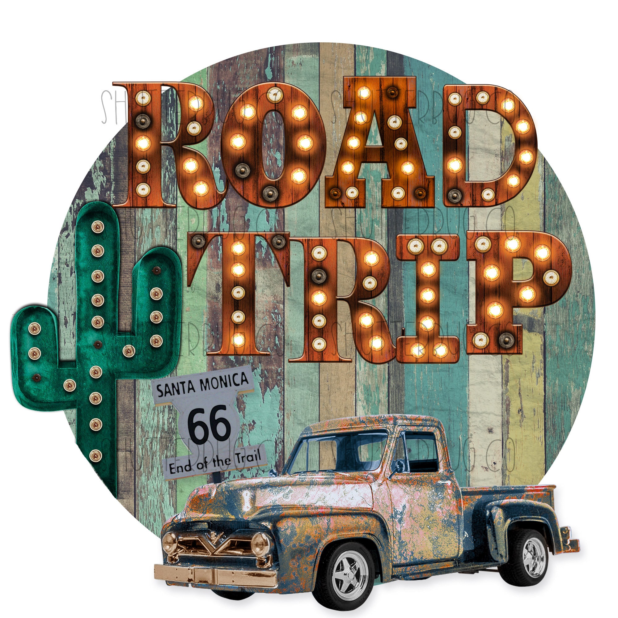 Road Trip Digital Art - Marquee Letters, Wood Background, Rusty Truck ...
