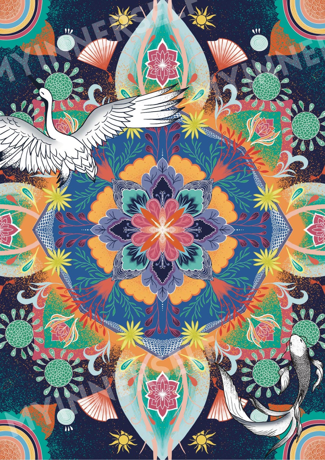 Asian Mandala – Crane & Koi Fish - Original Handcrafted Illustration ...