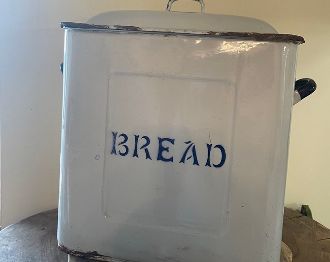 Extra Large Vintage English Enamel Bread Bin: Blue Rim Kitchen Storage ...