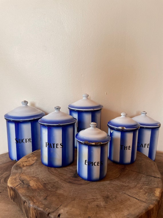 Set of Enamel Kitchen Canisters French Vintage Storage - Etsy