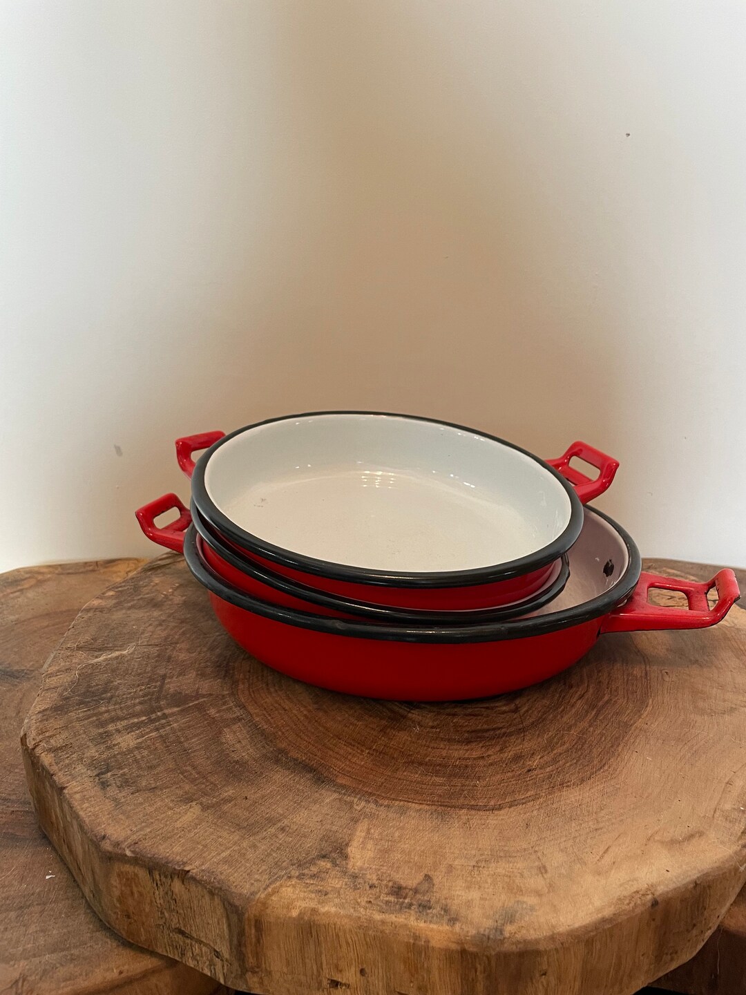 Set of Three Vintage French Enamel Pans, Enamelware, Kitchen Decoration ...