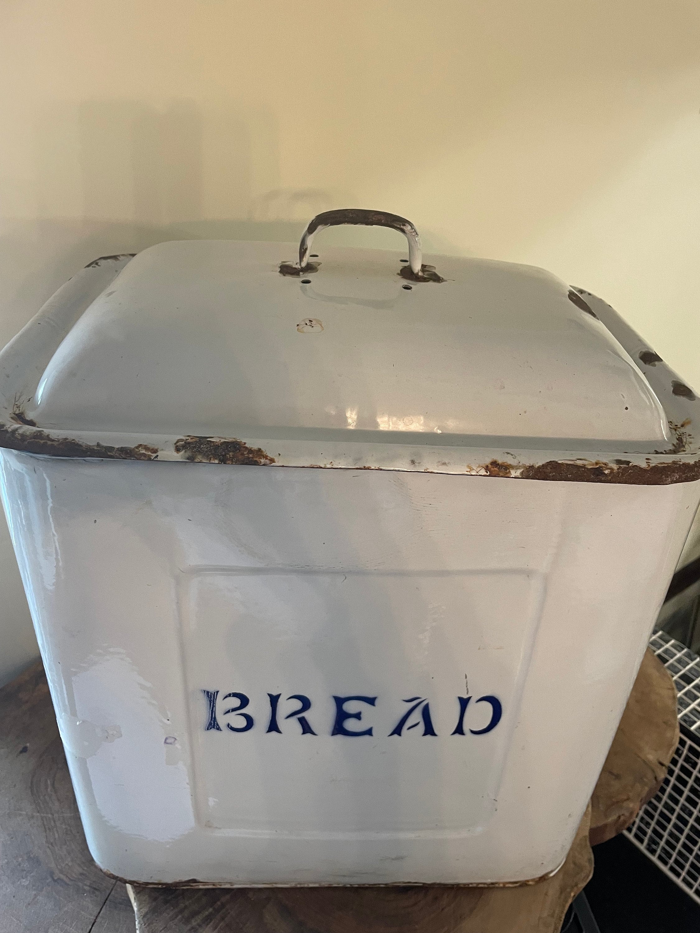 Extra Large Vintage English Enamel Bread Bin: Blue Rim Kitchen Storage ...