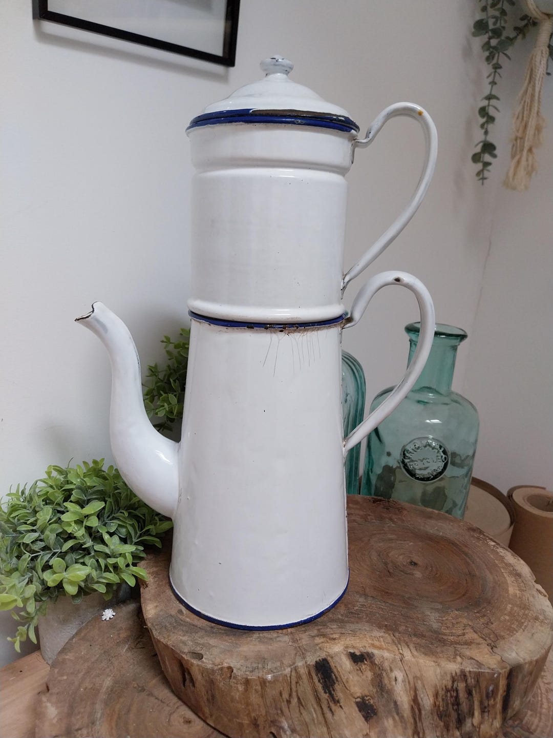 Vintage French Enamel Coffee Pot: White Biggins Style Kitchen Decor - Etsy