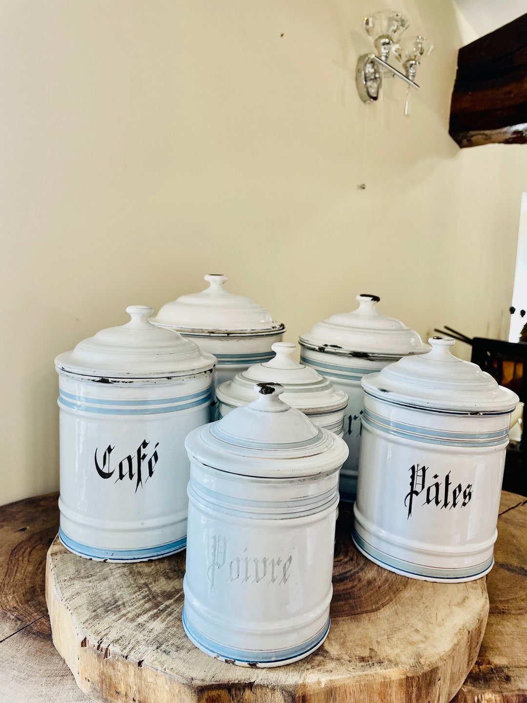 Vintage French Enamel Kitchen Canister Set, Cannister Sets, Kitchen ...