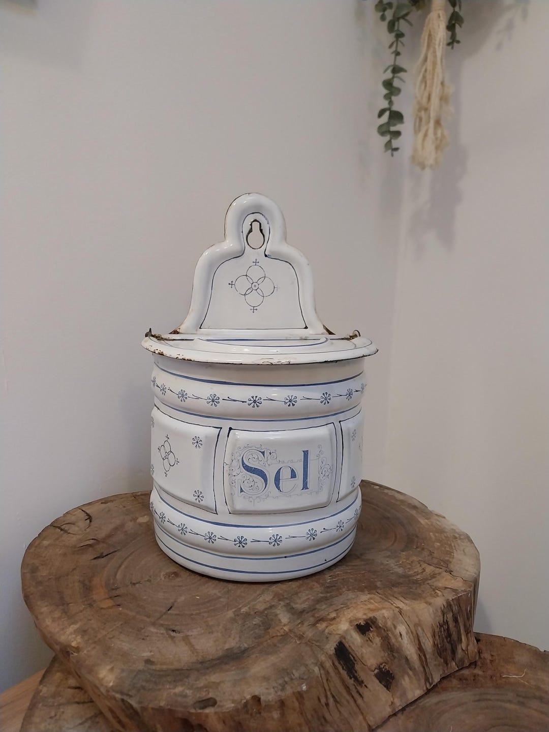 Vintage French Enamel Salt Pot, Salt Storage, Kitchen Storage, Salt ...