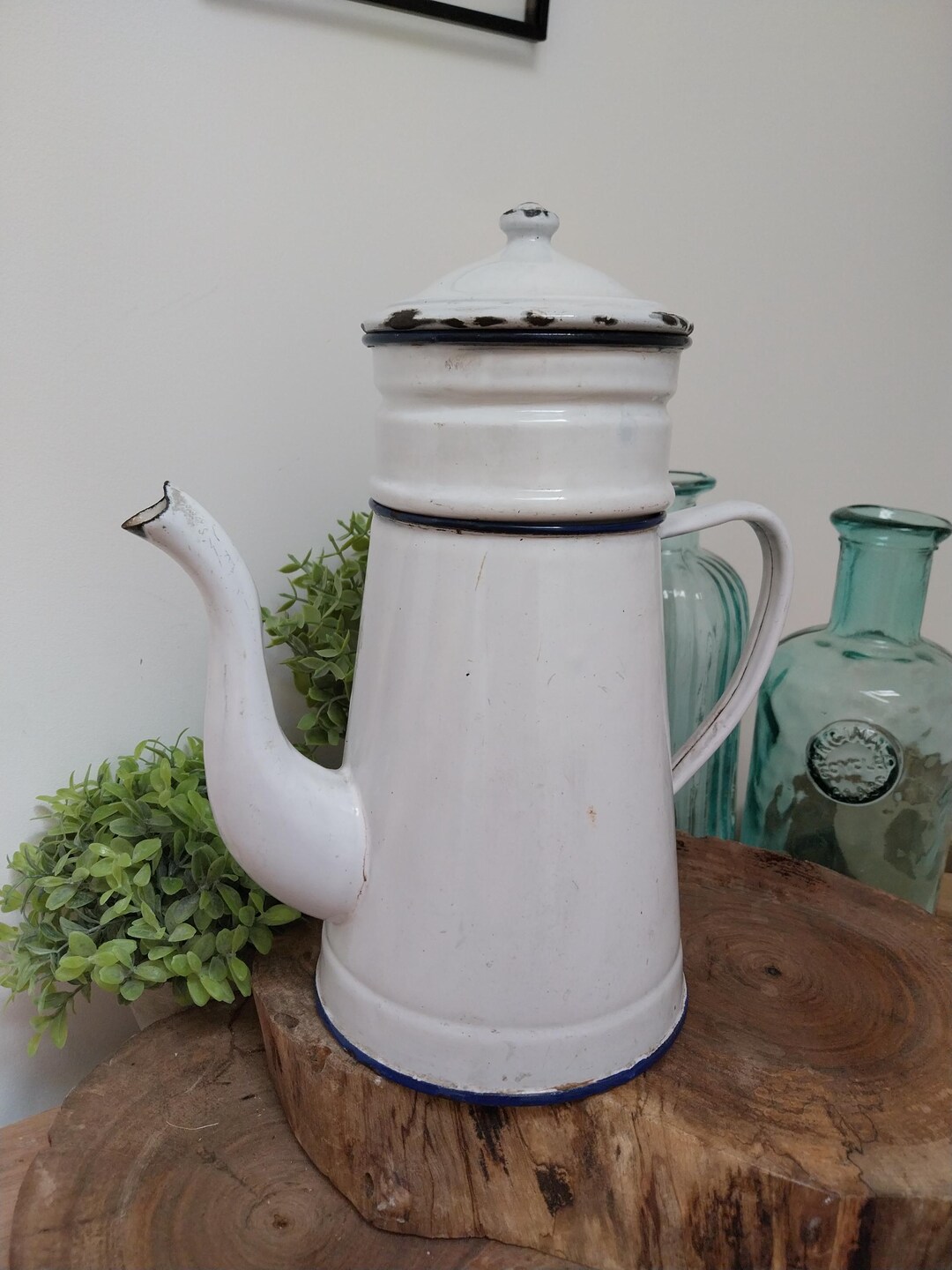 Vintage French Enamel Coffee Pot: White Biggins Style With Blue Rim - Etsy