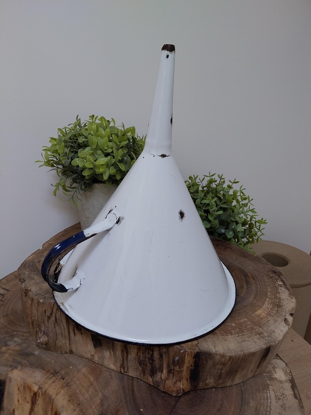 Large Vintage French Enamel Funnel: White With Blue Rim - Etsy