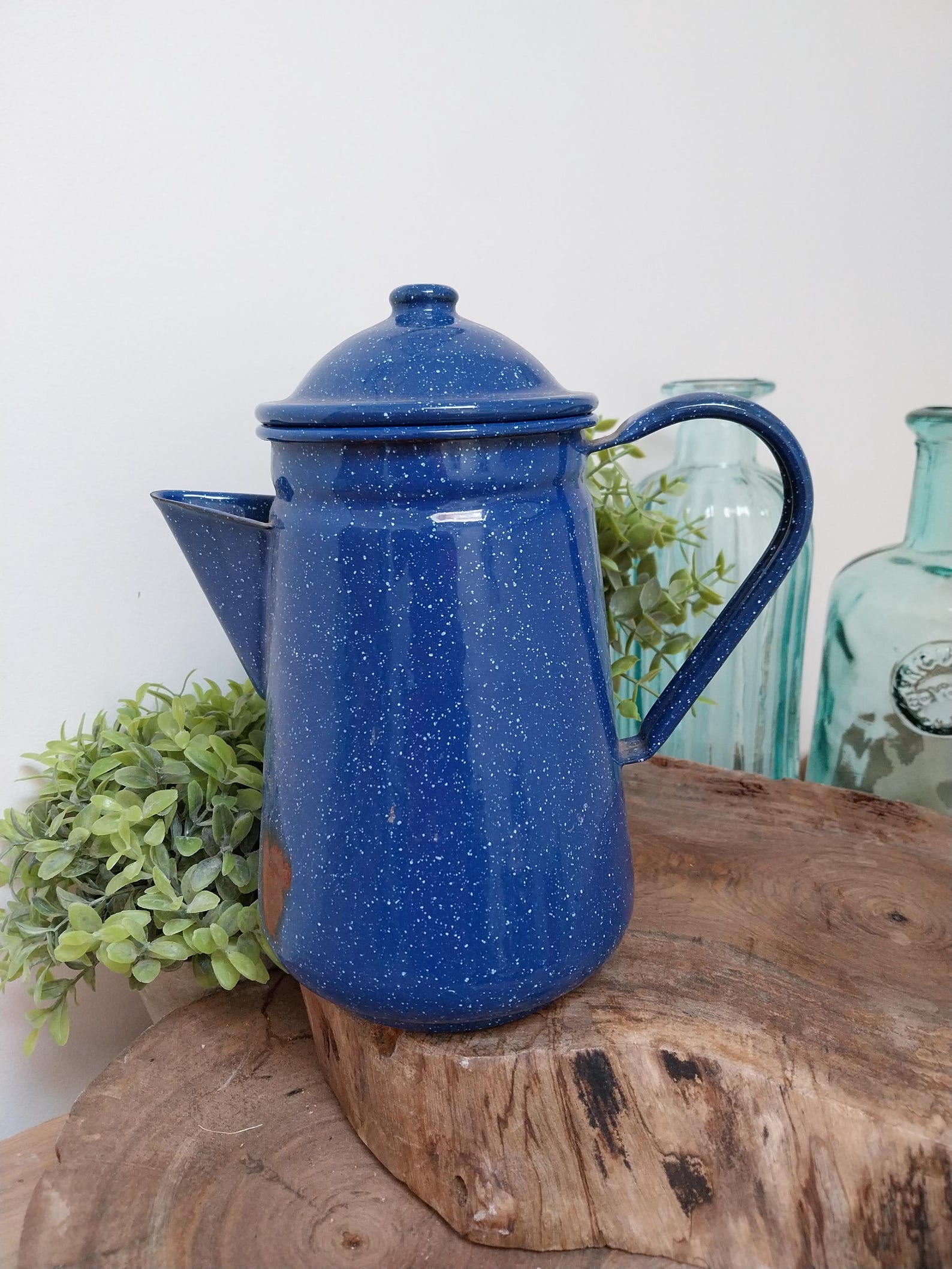Blue Enamel Jug With Lid, Enamelware, Vintage French, Kitchen ...