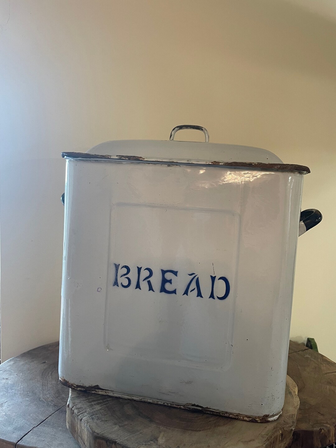 Extra Large Vintage English Enamel Bread Bin: Blue Rim Kitchen Storage ...