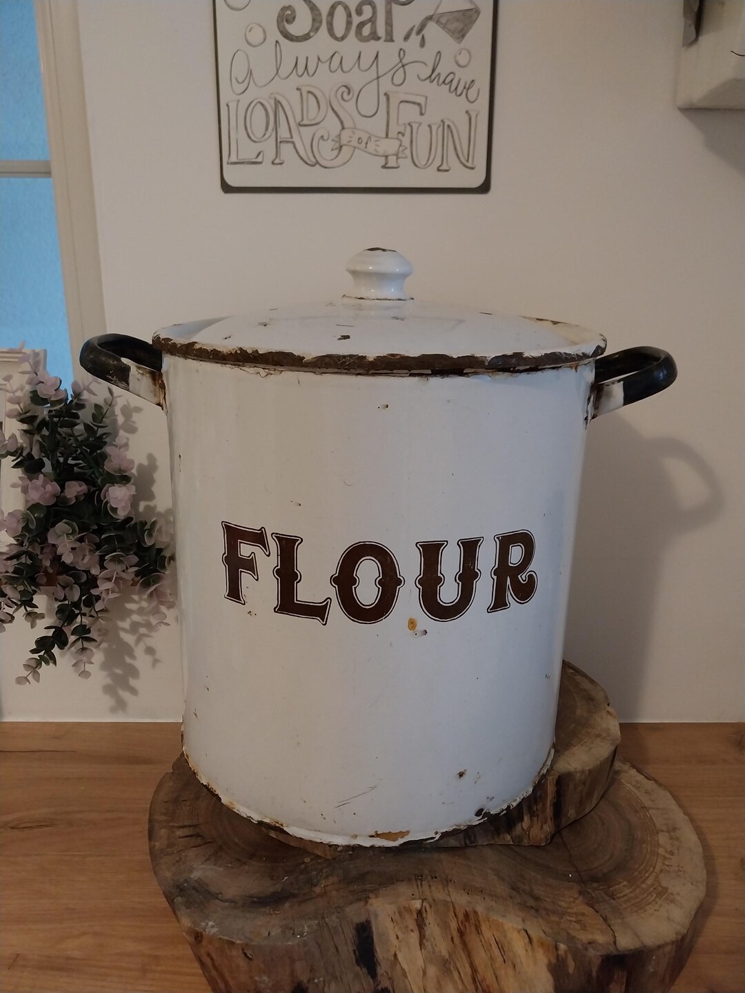 English Enamel Flour Tin, Flour Storage, Kitchen Storage, Enamel ...