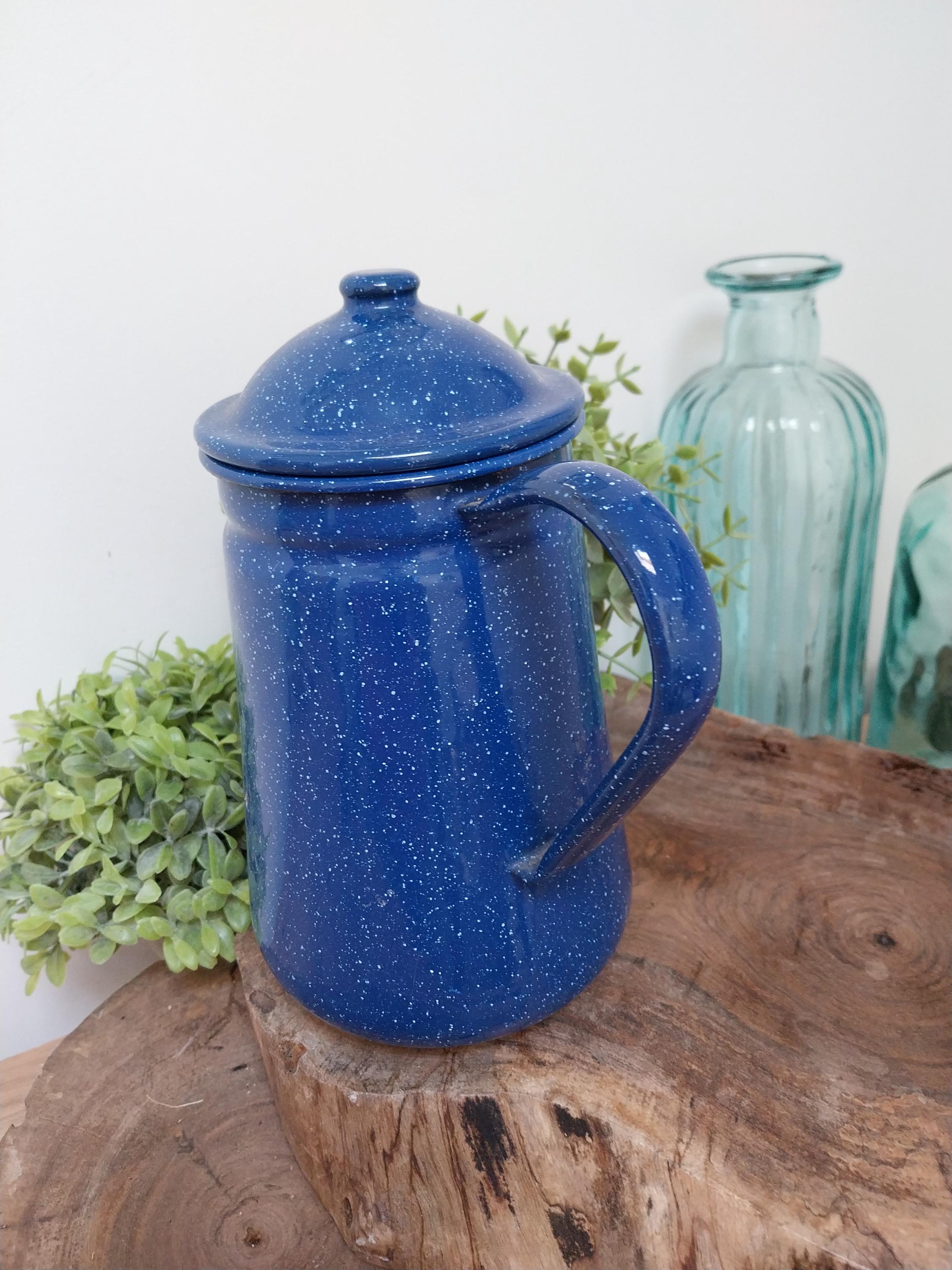 Blue Enamel Jug With Lid, Enamelware, Vintage French, Kitchen ...